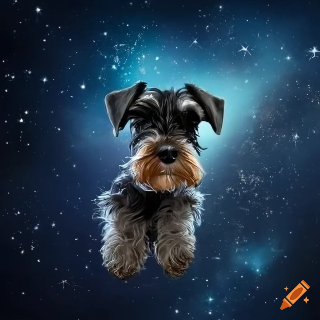 Photo of a schnauzer in a spacesuit floating in space