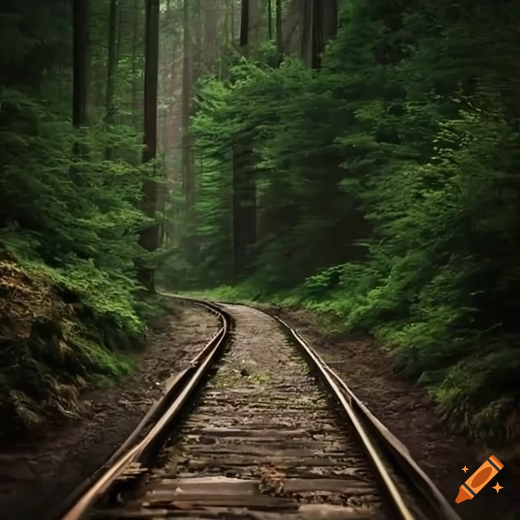 Breathtaking forest scenery with clouds and railway on Craiyon