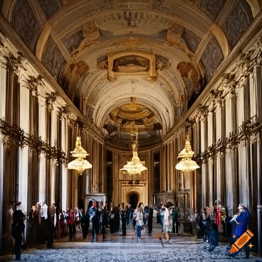 Historic palace with people waiting in line
