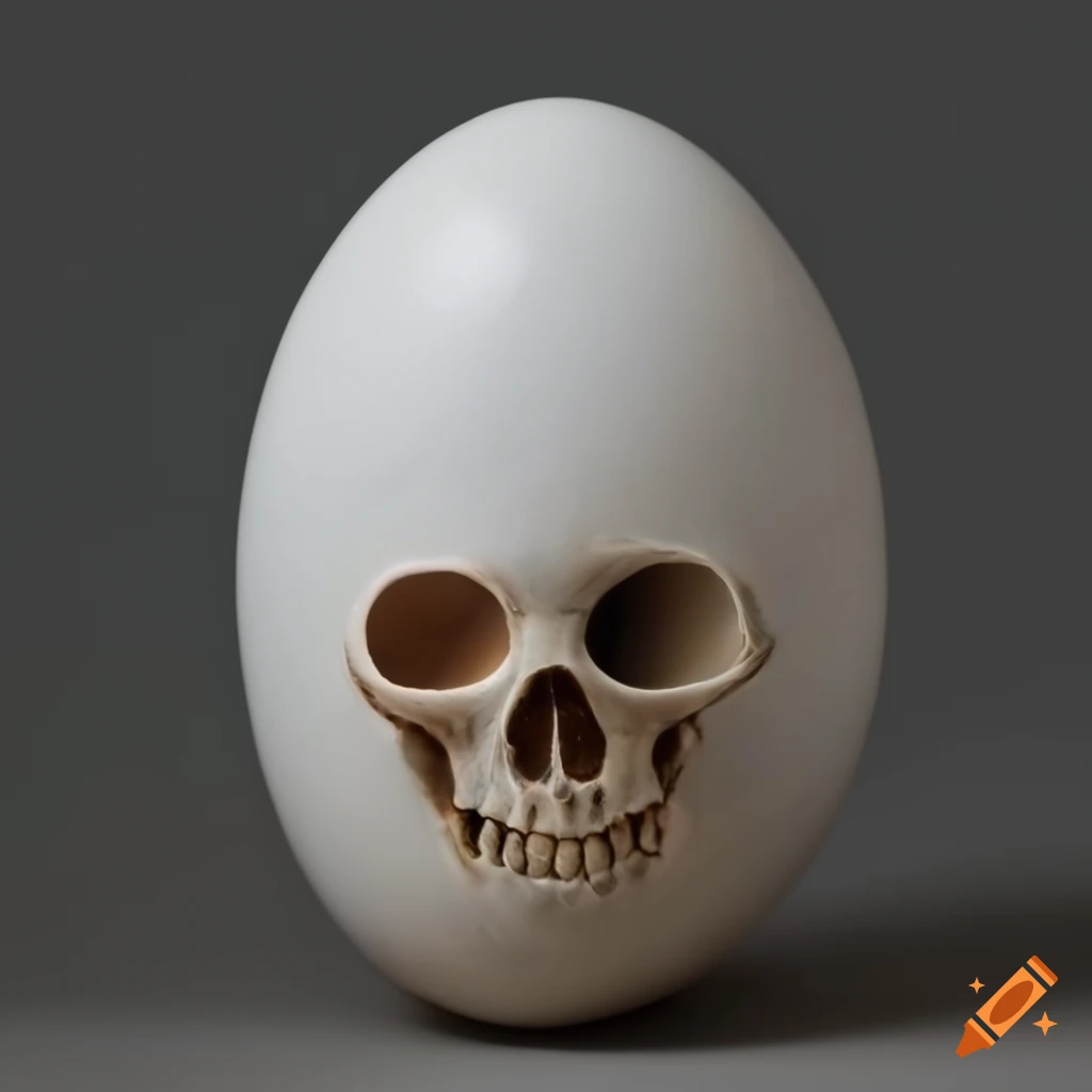 Photograph of a bird hatching out of a skull-shaped egg on Craiyon