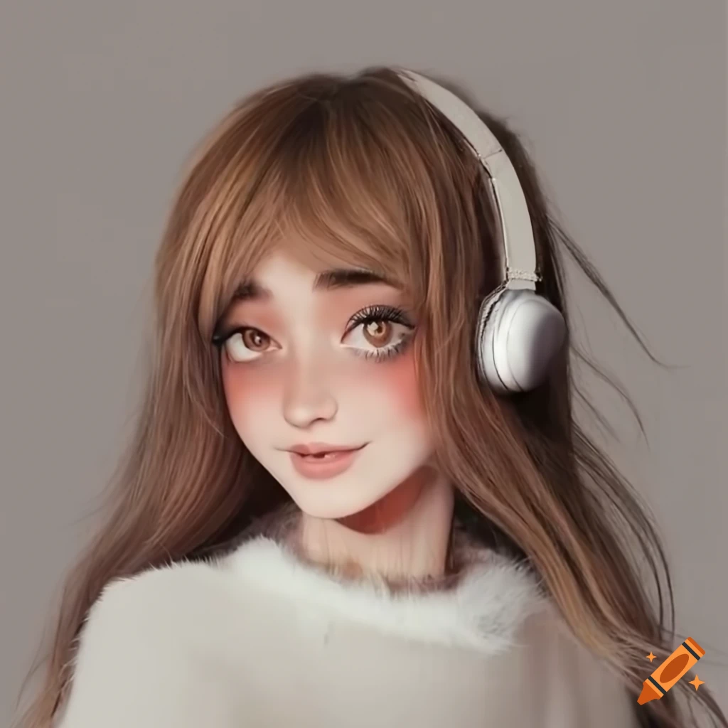 Girl with triangle-shaped head wearing fluffy coat and headphones
