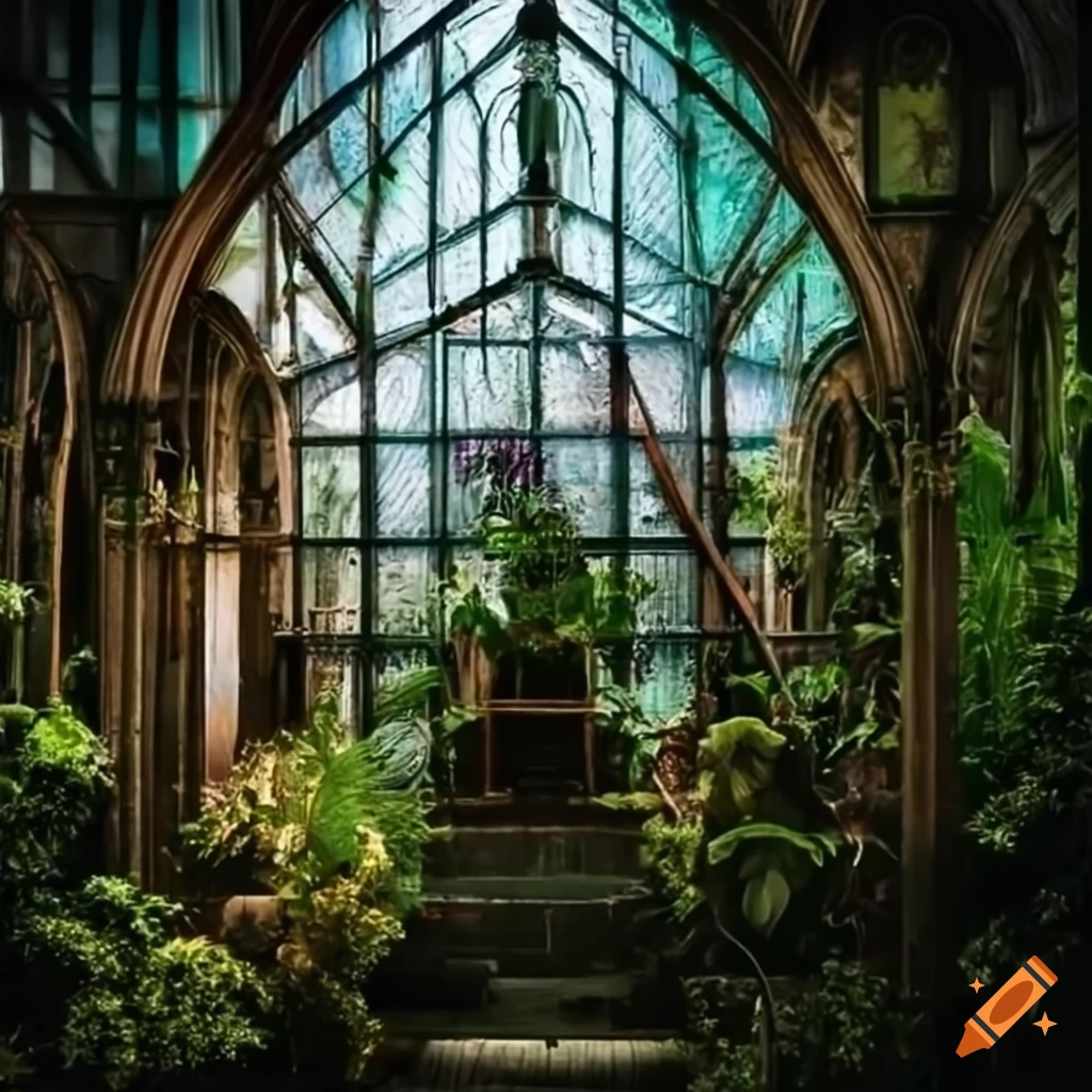 Gothic greenhouse surrounded by old city on Craiyon