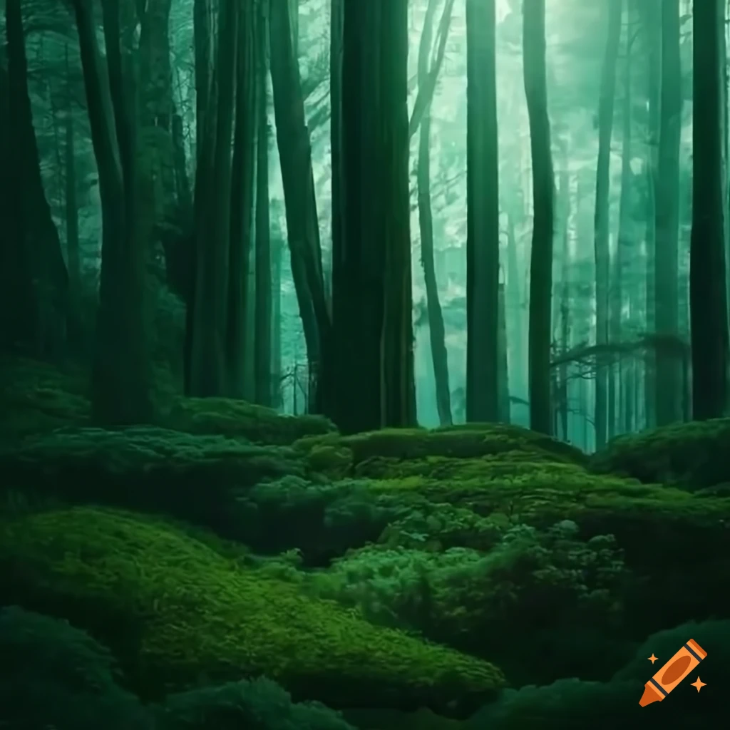 Enchanting dense forest with sunlight filtering through trees on Craiyon