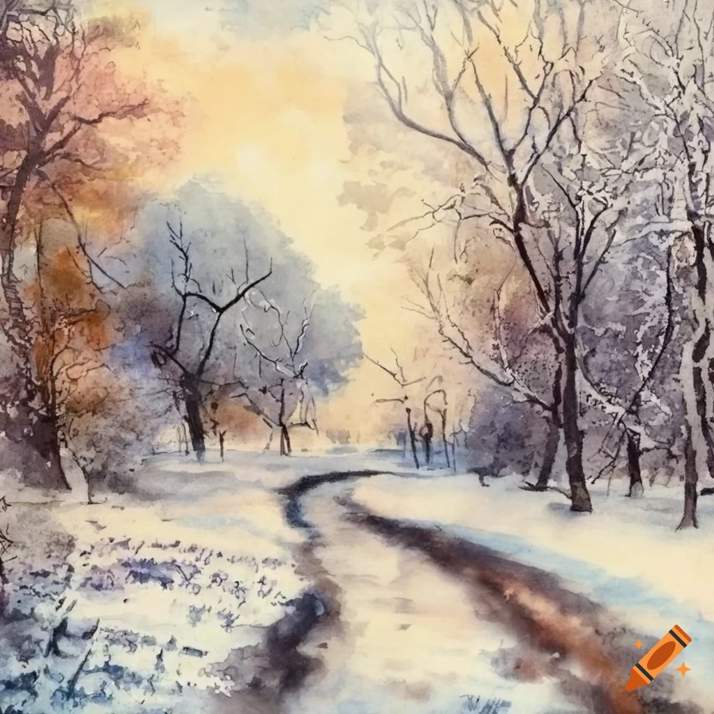 Vintage watercolor of a peaceful winter path on Craiyon