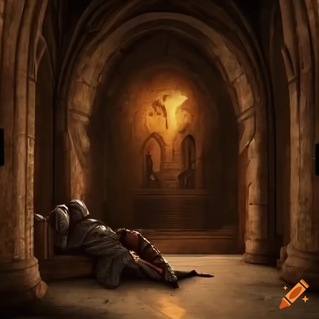 Knights sleeping in a castle hallway on Craiyon