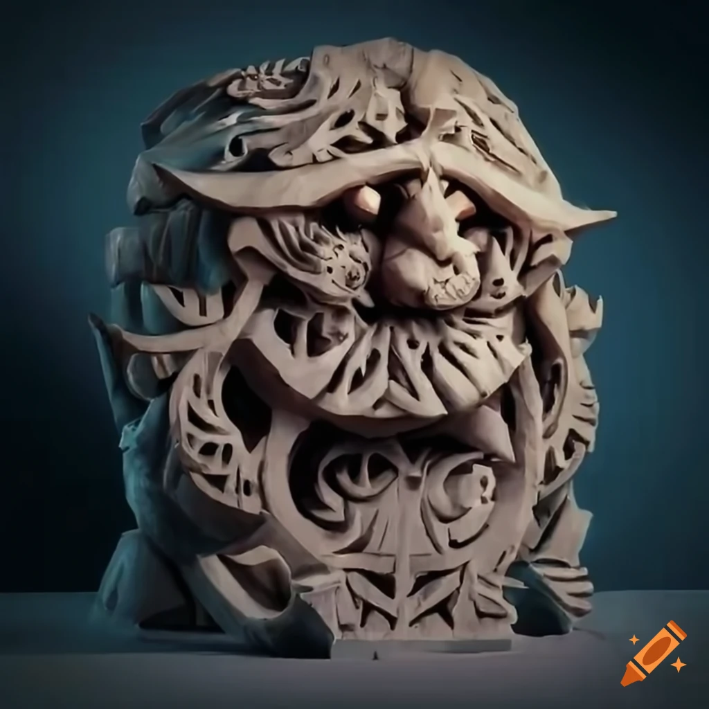 Intricate carving of a zelda game boss in a labyrinth on Craiyon