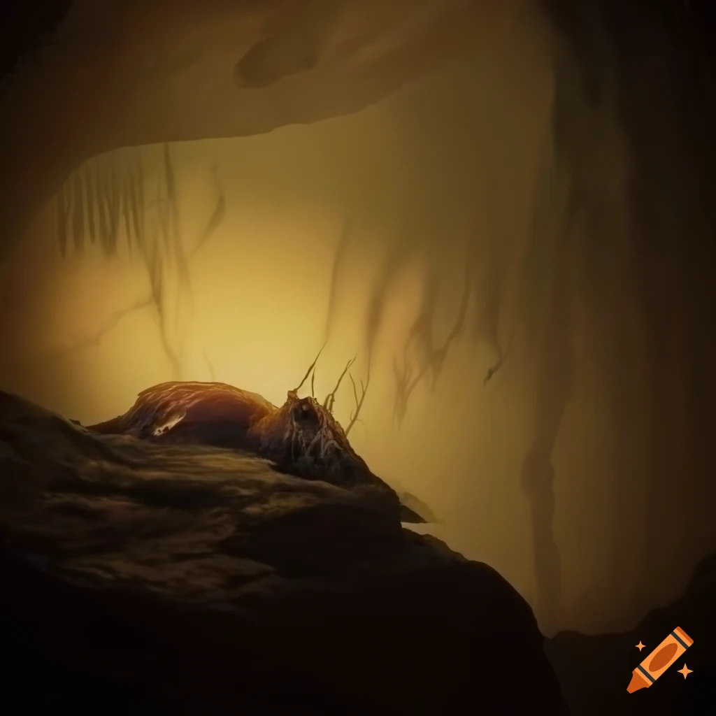 Artistic depiction of a sleeping creature in a cavern on Craiyon