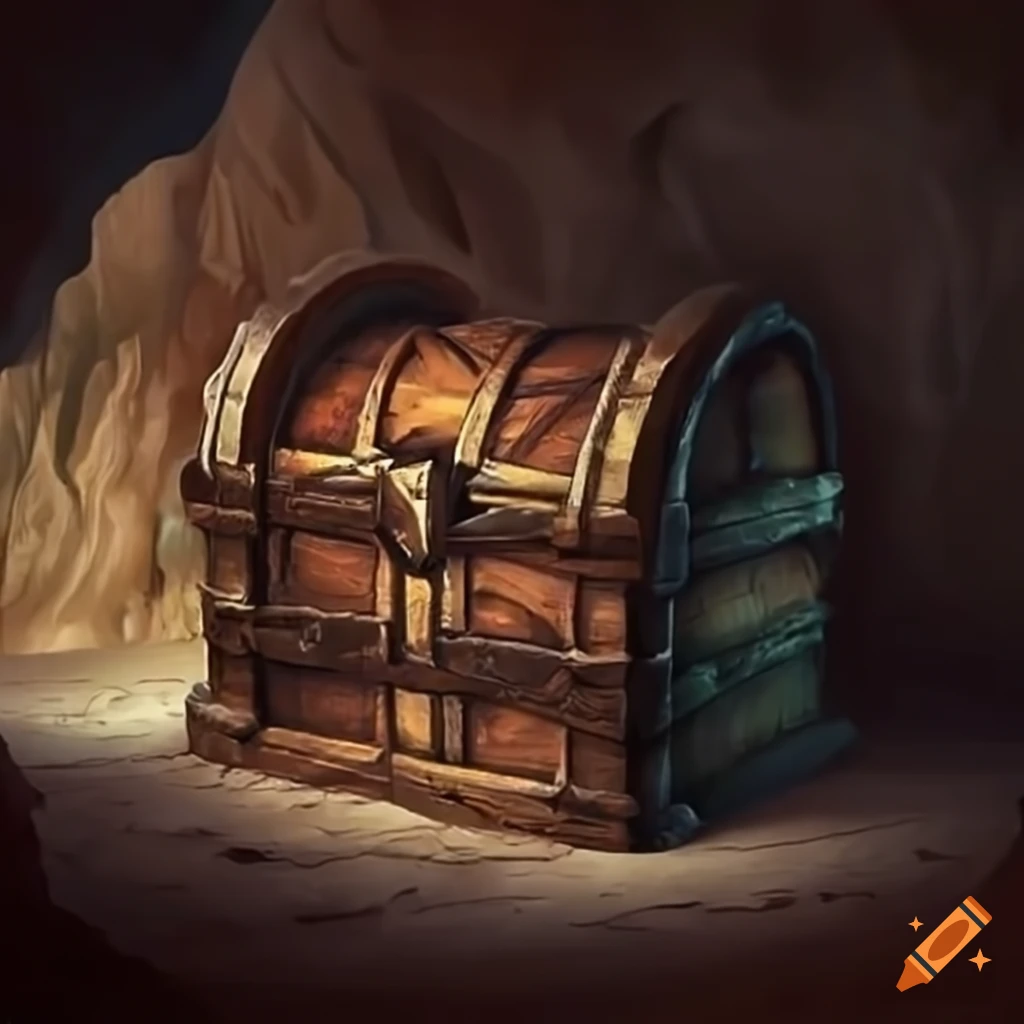 Image of a magic chest in a cave on Craiyon