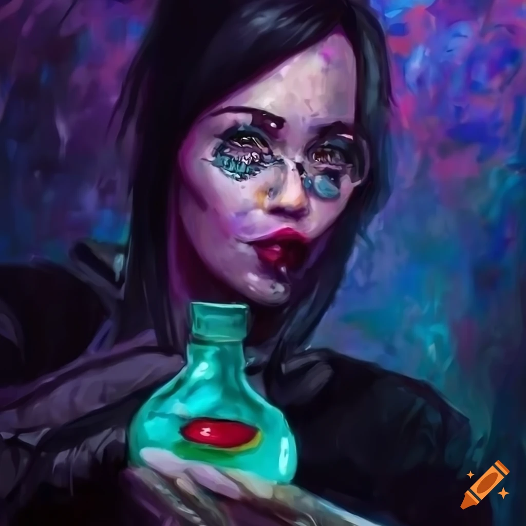 Painting of a cyberpunk woman drinking a magic potion on Craiyon