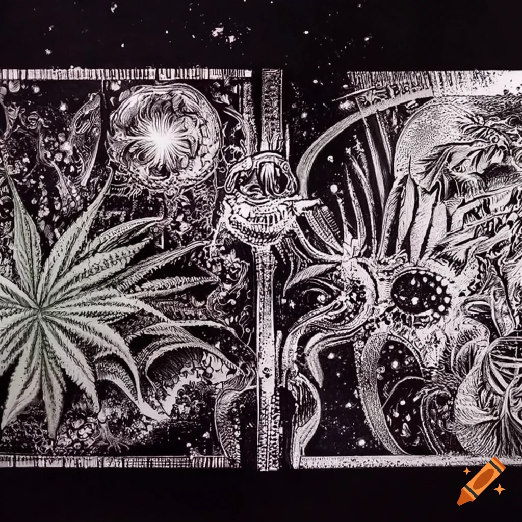 Galaxy artwork with rockabilly and marijuana elements
