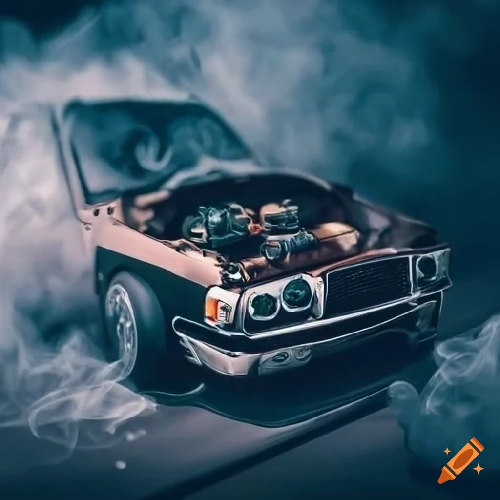 Image of a car engine emitting smoke on Craiyon