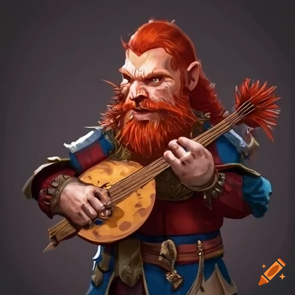 Red-haired gnome bard playing a lute on Craiyon