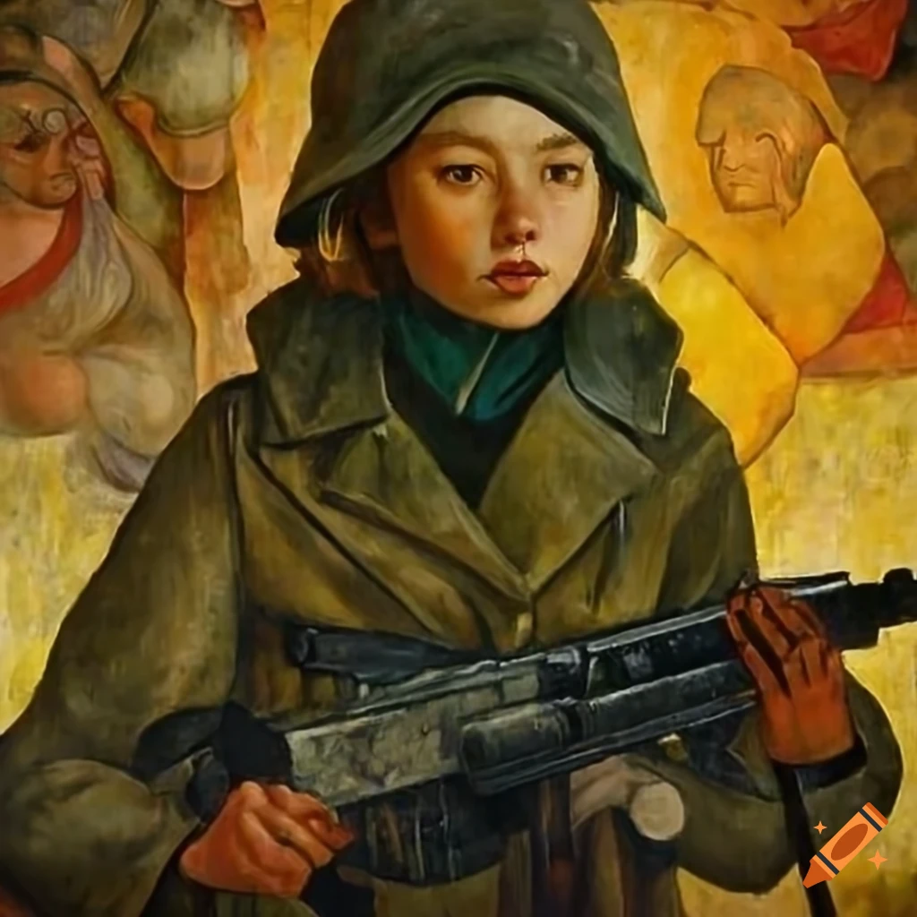 Futuristic painting of a Russian girl soldier with war machine on Craiyon
