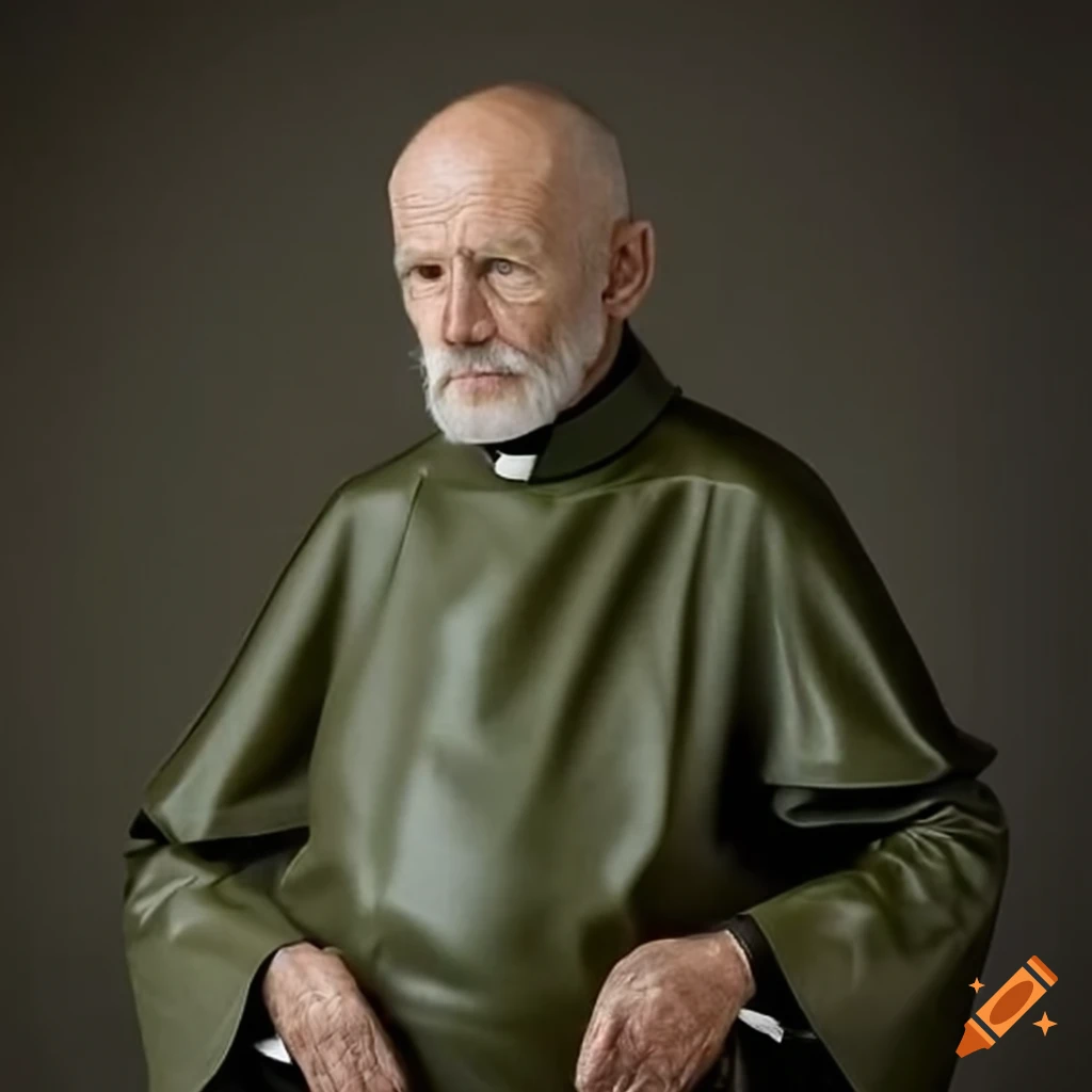 Portrait of an older priest in olive rubber clothes on Craiyon