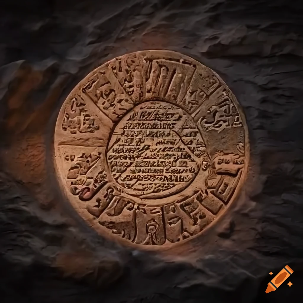 Engraved ancient cryptic alphabet on wet shale rock