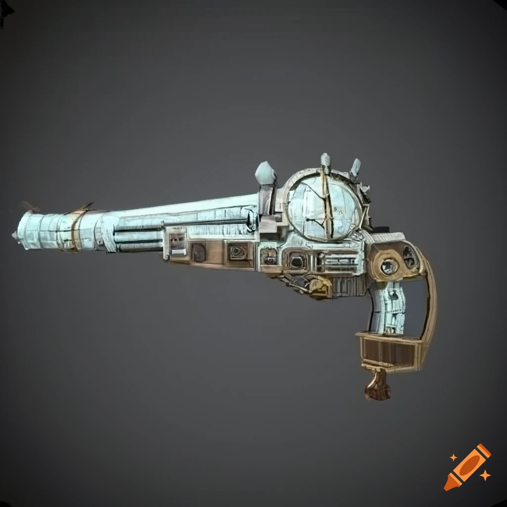 Schematic of a stylized scifi steampunk gun on Craiyon