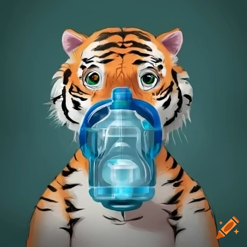 Cartoon drawing of a tiger with a nebuliser mask on Craiyon