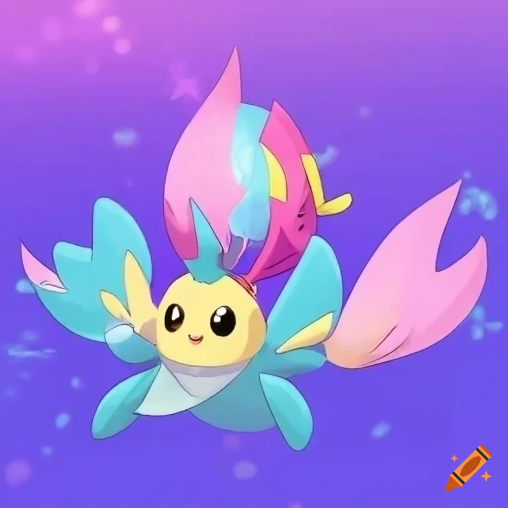 Cute sea angel pokemon in purple blue pink and yellow colors