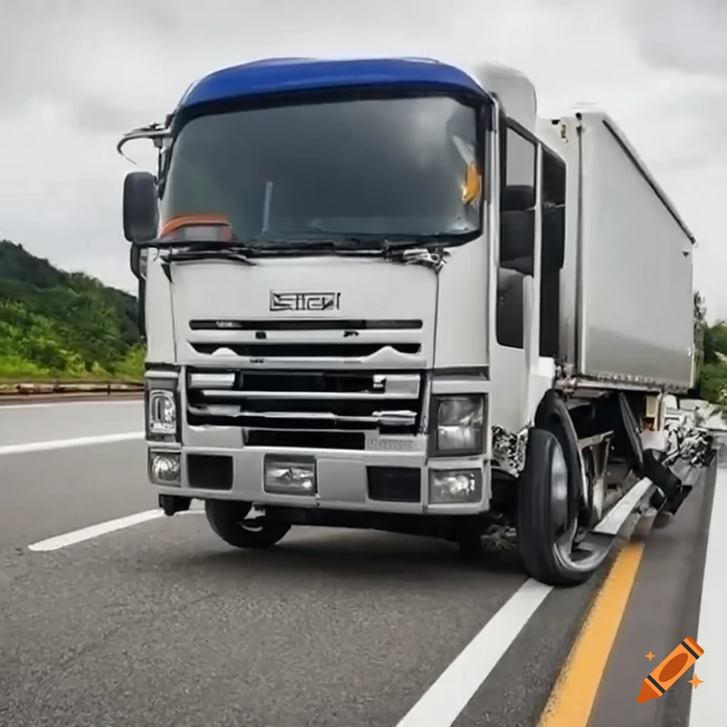 Crashed isuzu trailer truck on a japanese highway on Craiyon