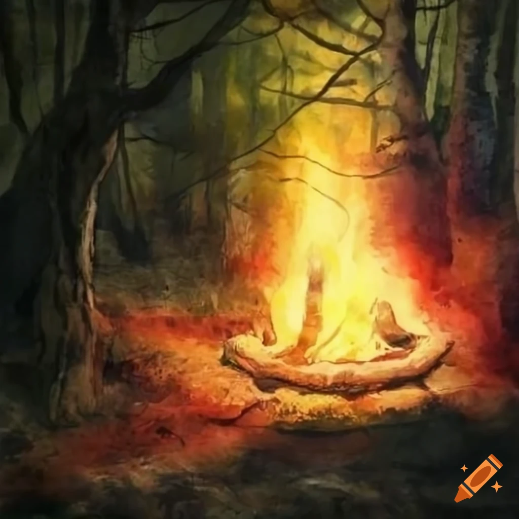 Watercolor painting of a campfire with red-eyed shadows
