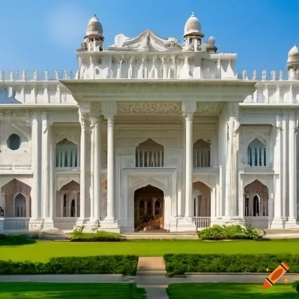 Front view of mahal white house in mediterranean architectural style on ...