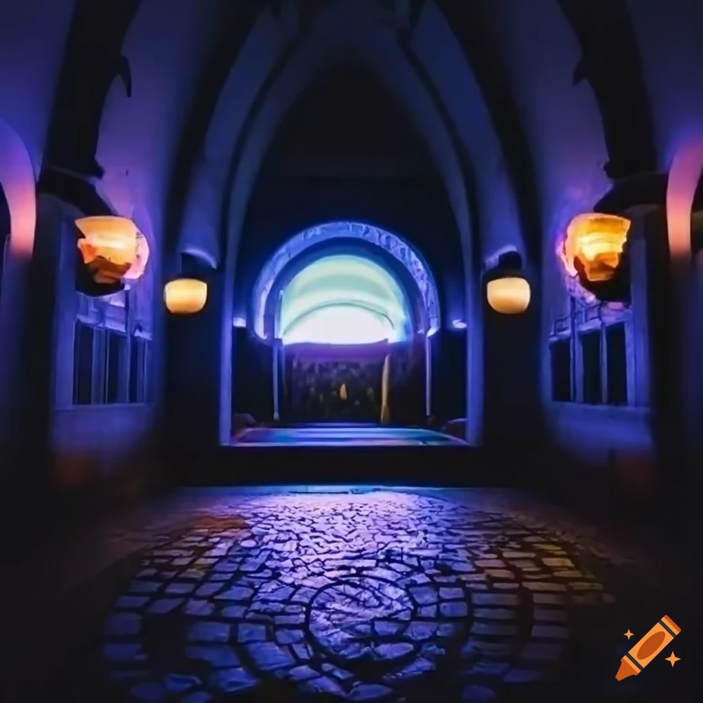 Night view of a magical school's hall on Craiyon