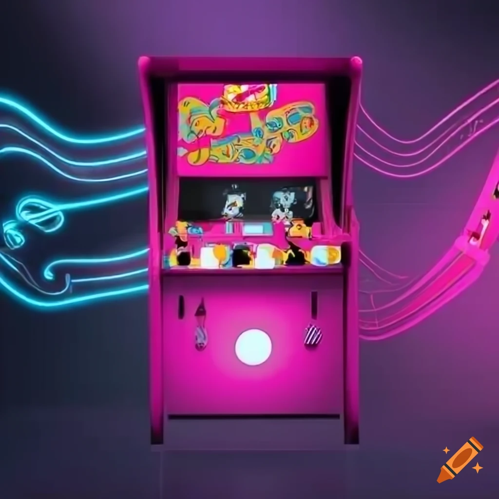 Vibrant pink and magenta arcade machine with music notes on Craiyon
