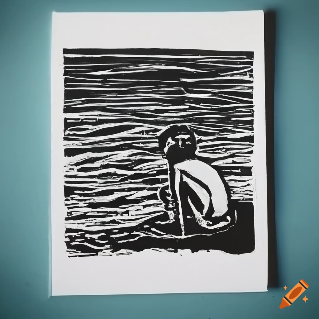 Linocut of a boy on the shore on Craiyon