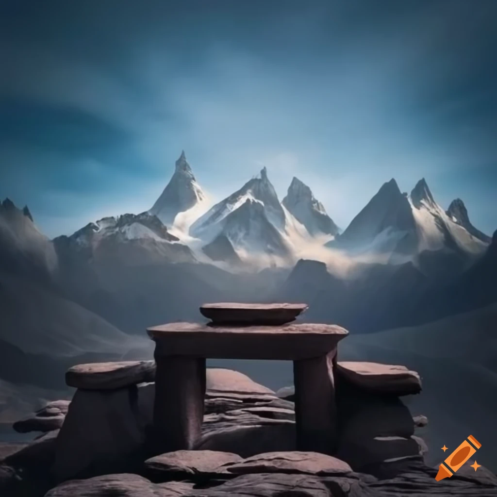 Photo of an altar in rocky square with mountain backdrop on Craiyon