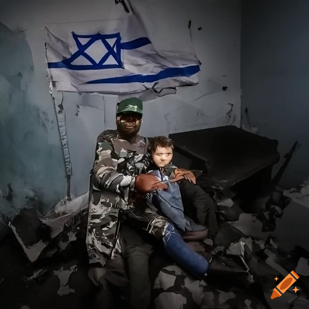 Artistic representation of a puppet and a boy with flags on Craiyon