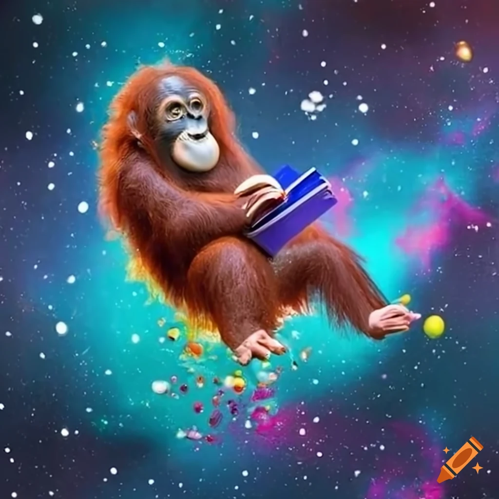 Orangutan reading book in a candy-filled galaxy on Craiyon