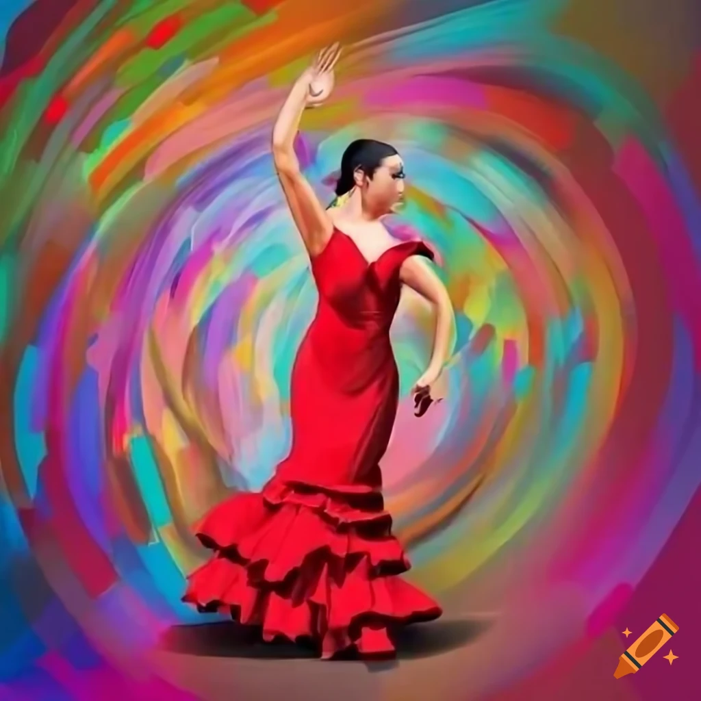 Flamenco dancer with red dress and colorful background on Craiyon