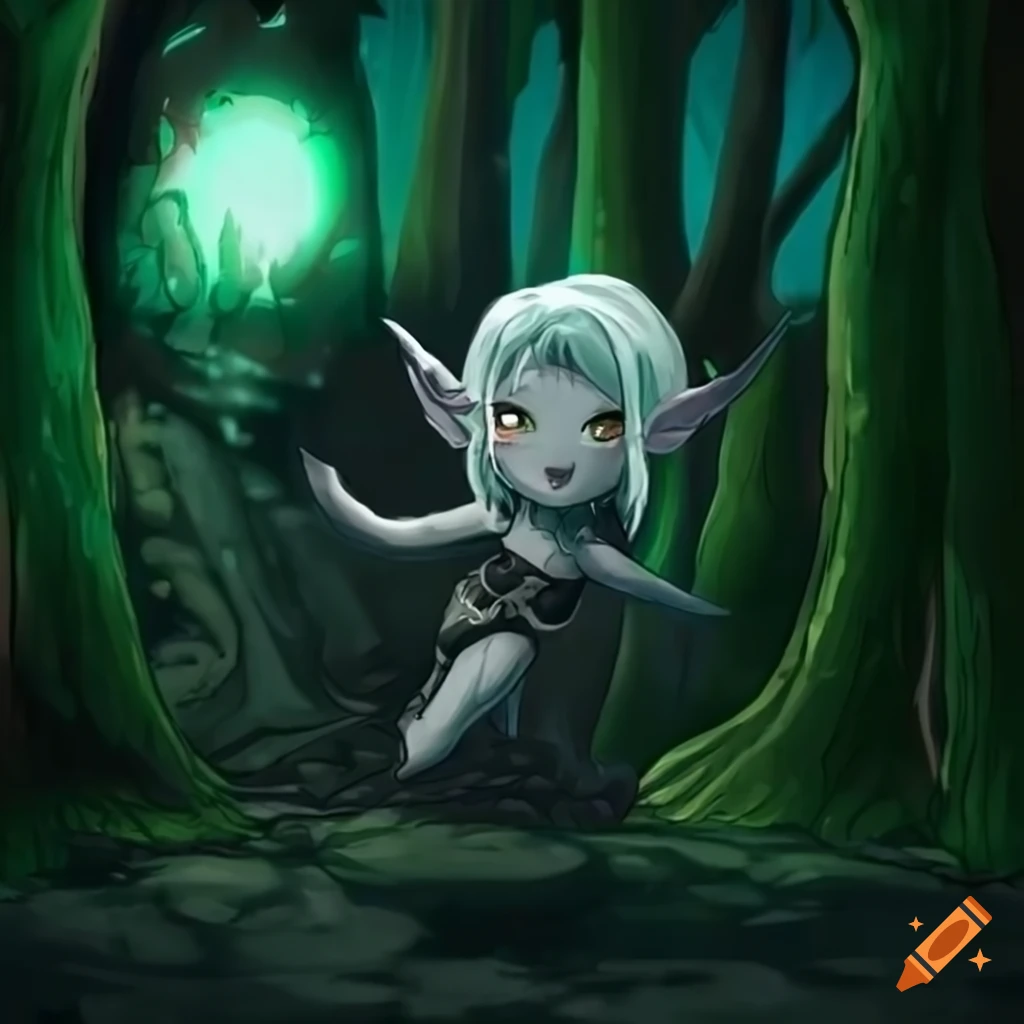 Digital art of a chibi dark elf running in a forest on Craiyon