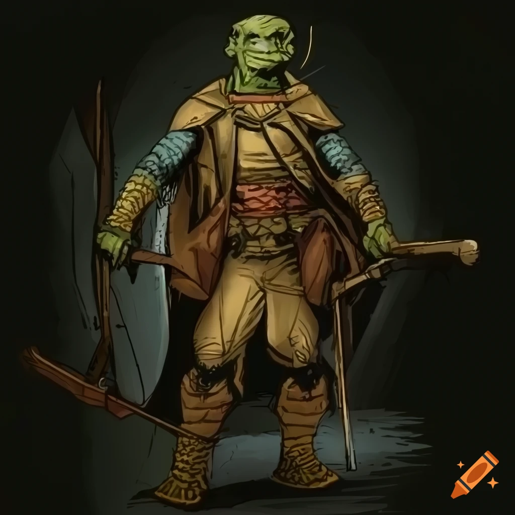 Old comic-style illustration of a tortoise man soldier with a bow