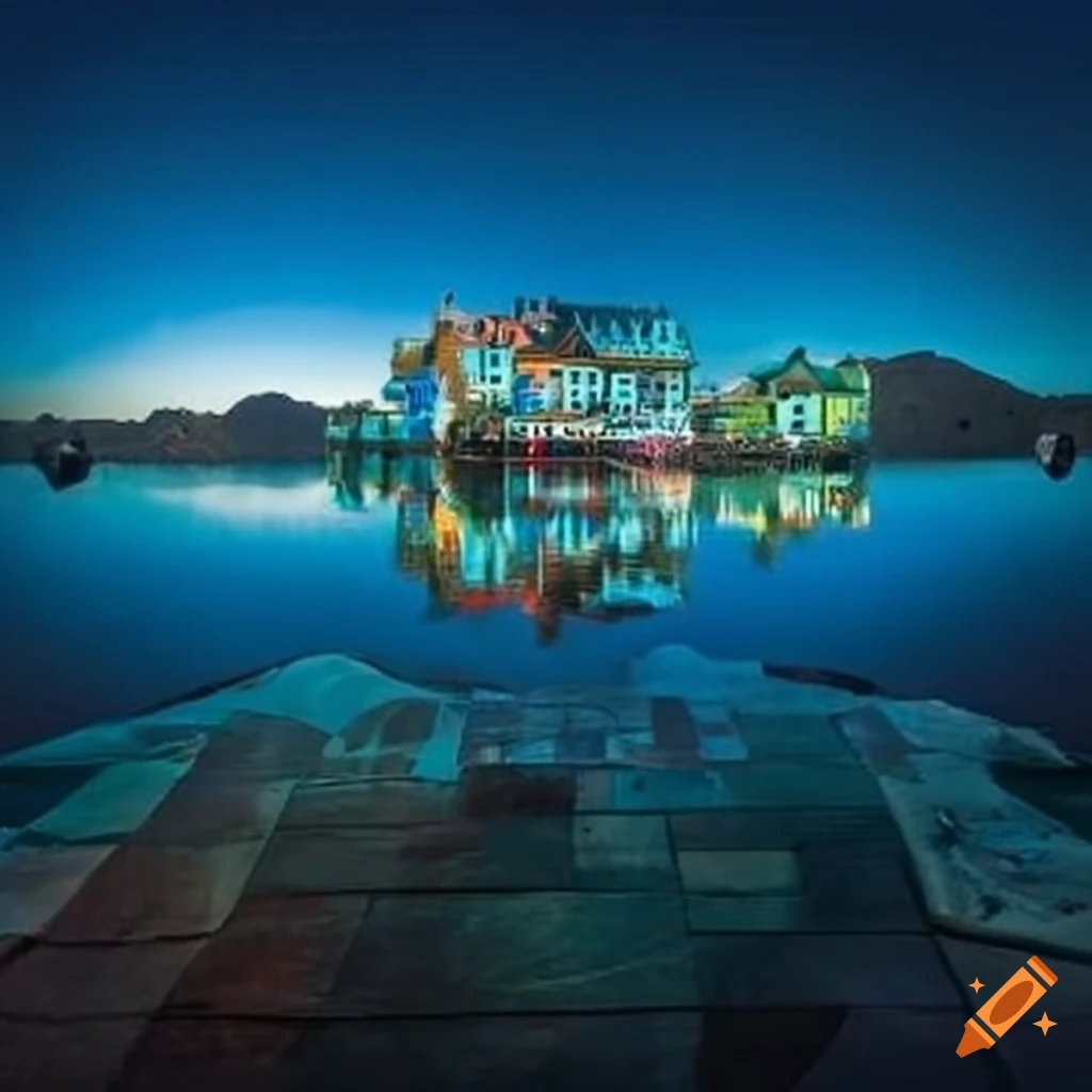 Solar punk art of a floating ocean town