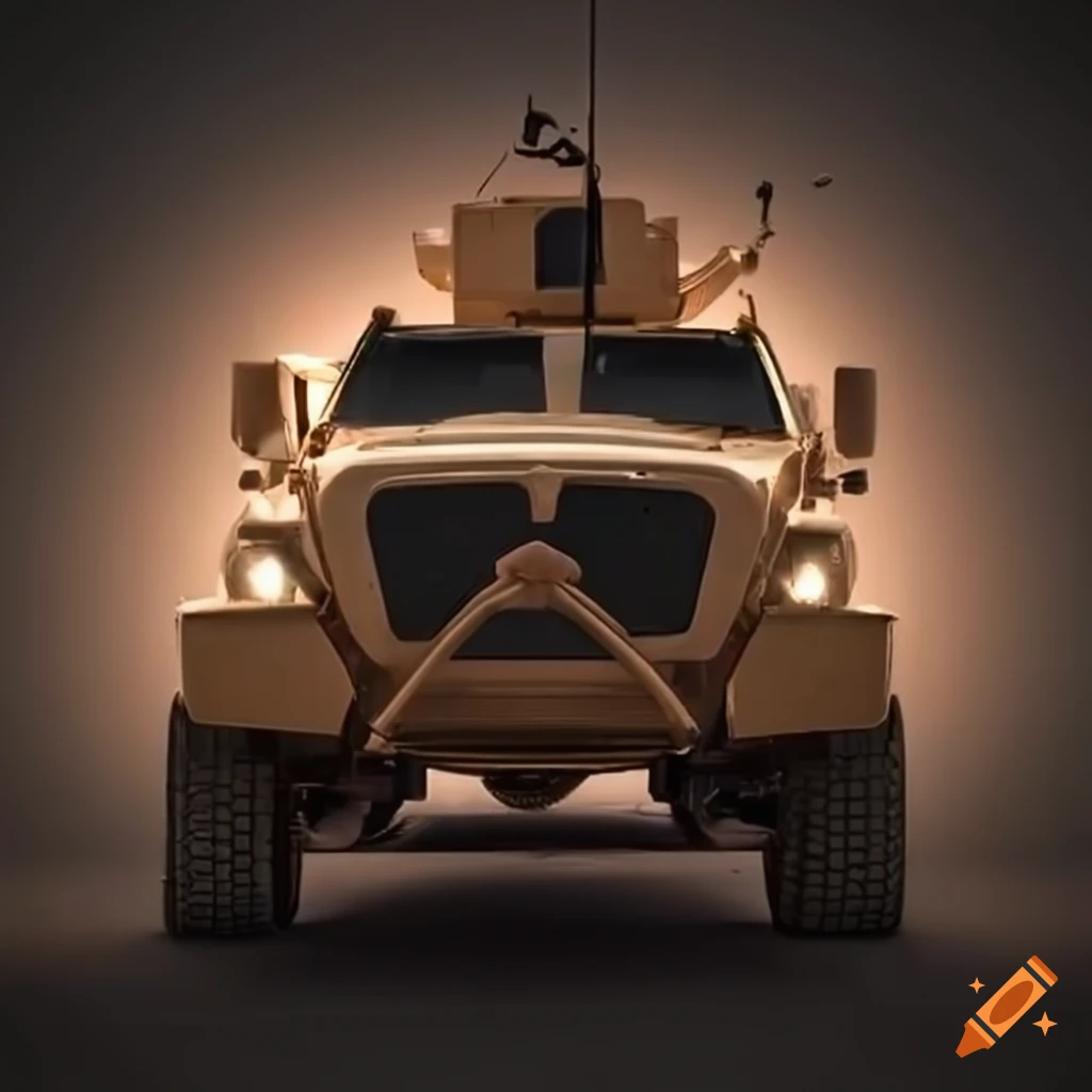 Photograph of an mrap vehicle under dramatic lighting