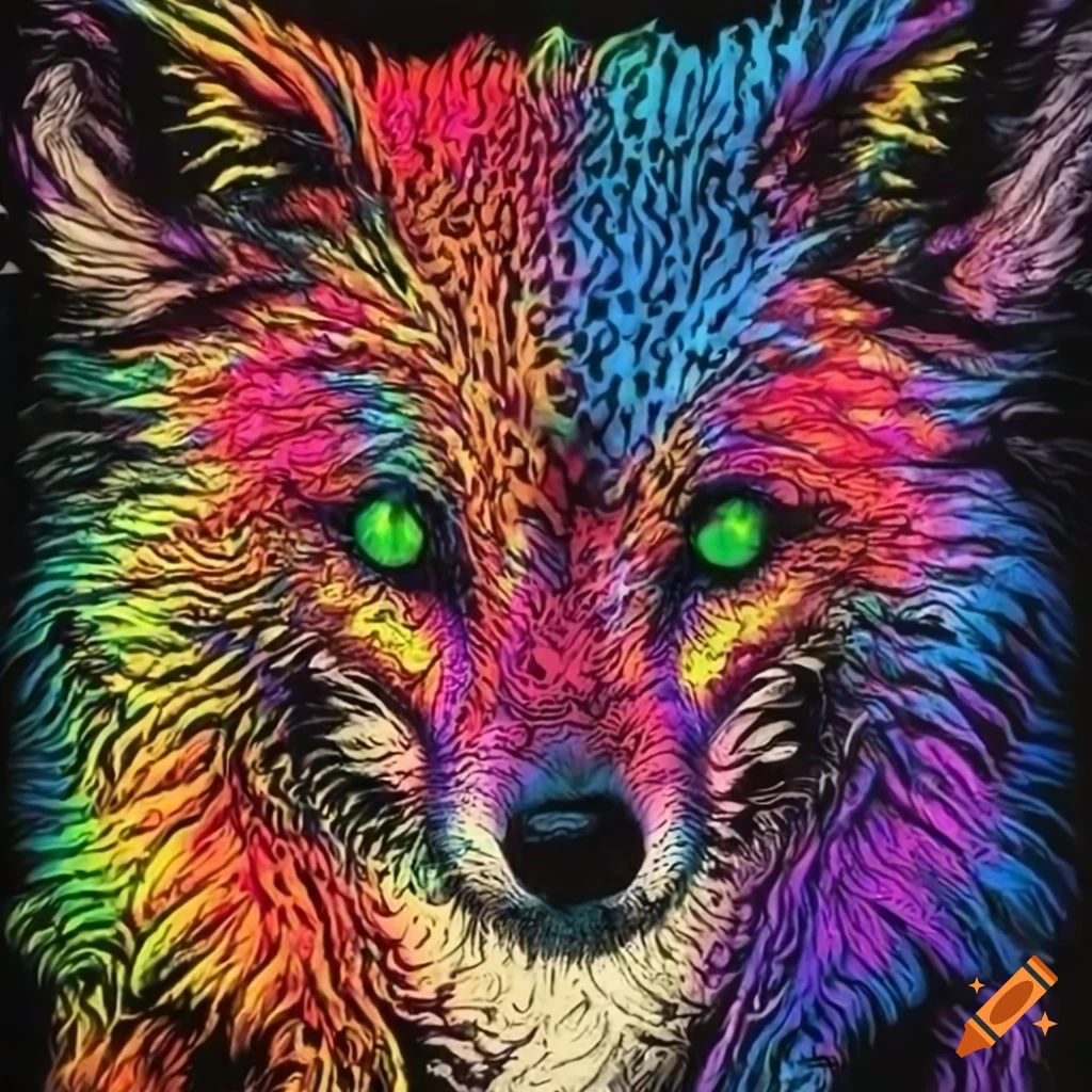 Artistic depiction of a psychedelic fox on Craiyon