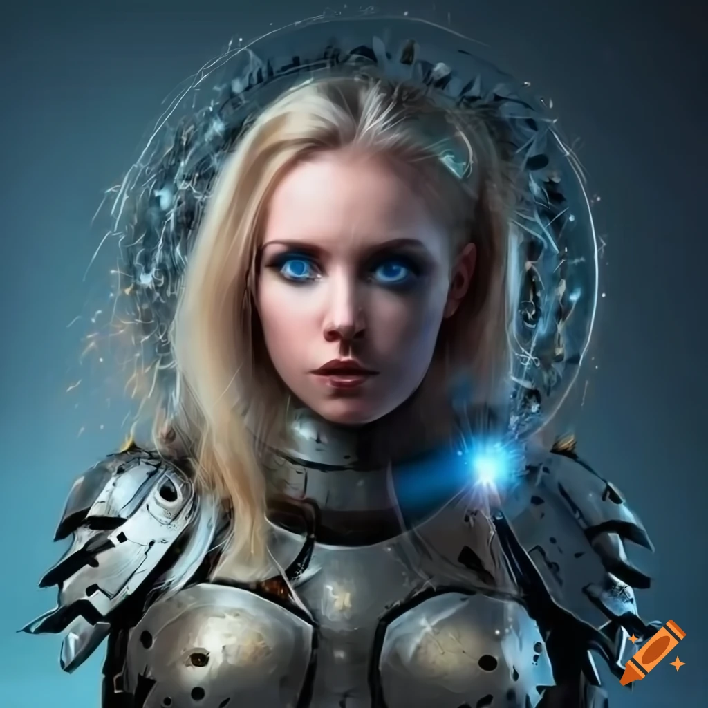 Blonde woman in electric metal armor with a shield