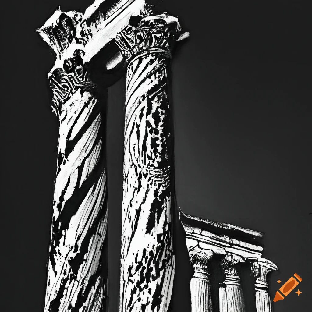 Drawing of greek columns on fire with splatter paint