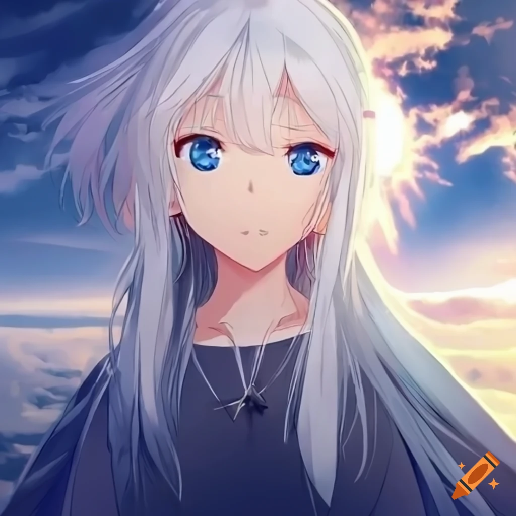 Anime girl with long white hair on a mountain on Craiyon