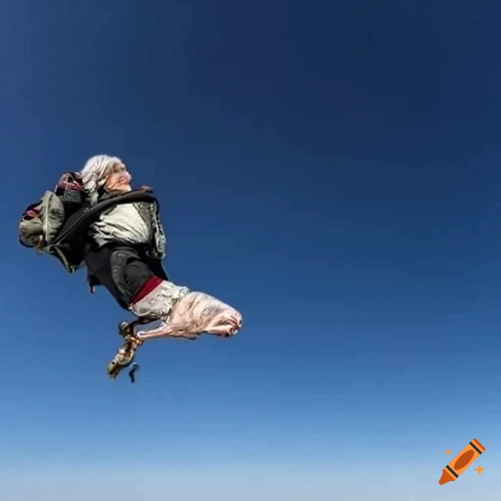 Image of an elderly woman riding a jetpack on Craiyon