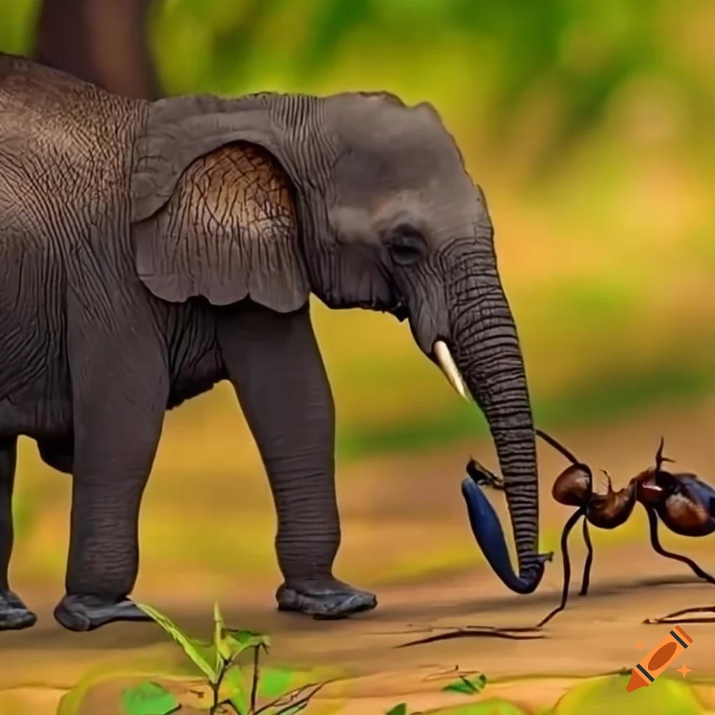 Image of an ant and elephant crossing a river in the jungle on Craiyon