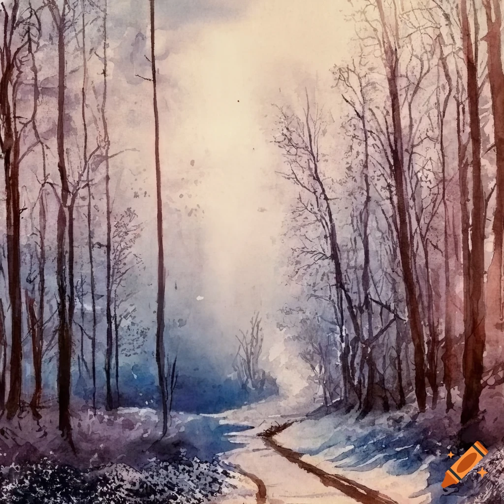 Ink drawing of winter walking trail through the forest on Craiyon