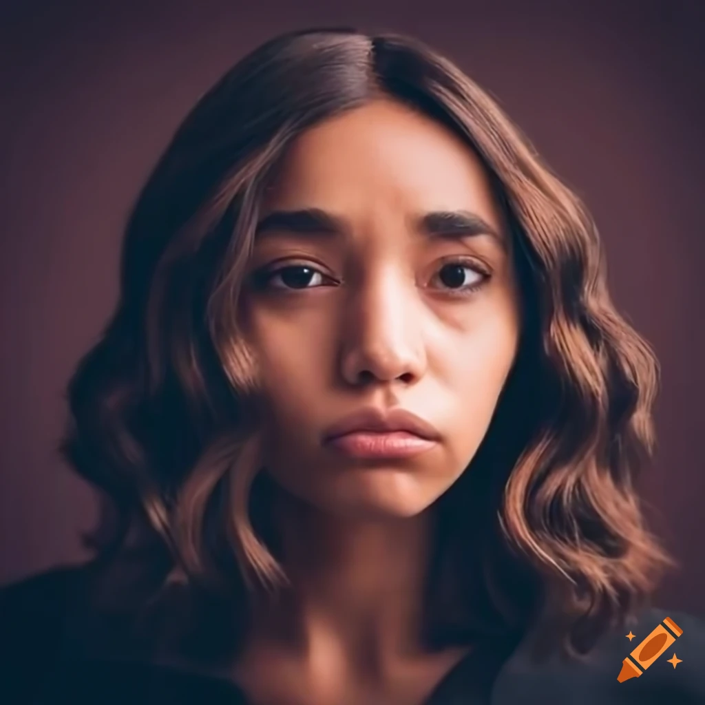 Close-up portrait of a young mexican woman with big sad eyes on Craiyon