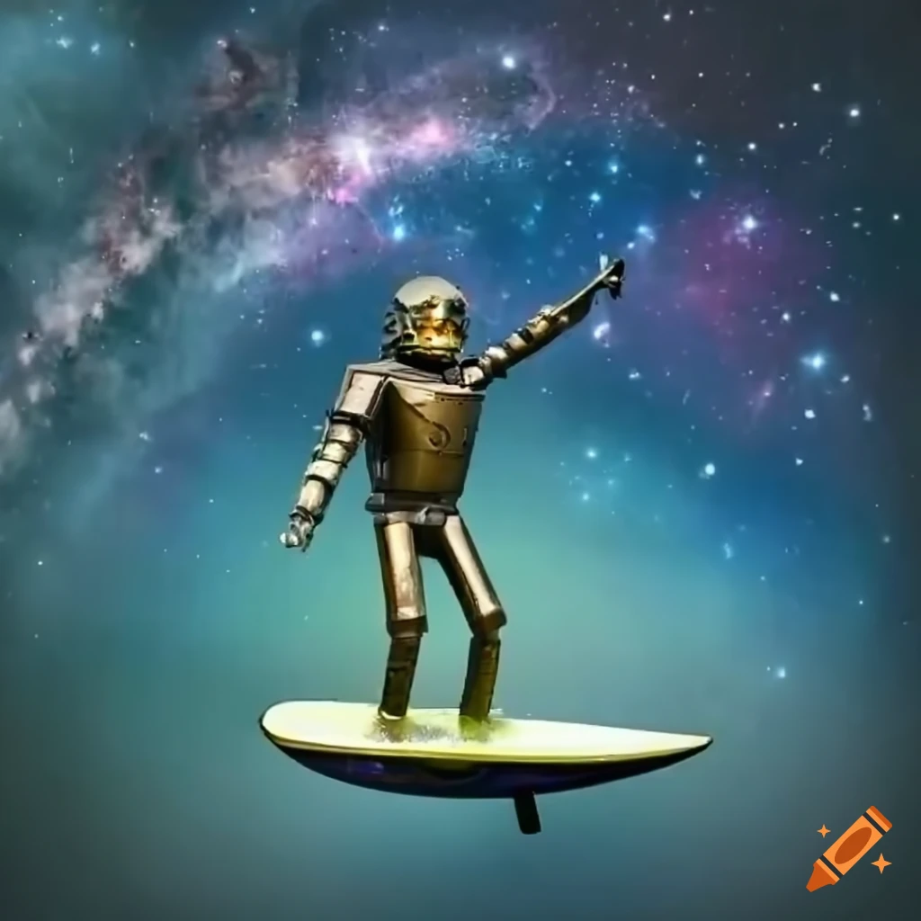 Bronze robot man on rocket-powered surfboard in space on Craiyon