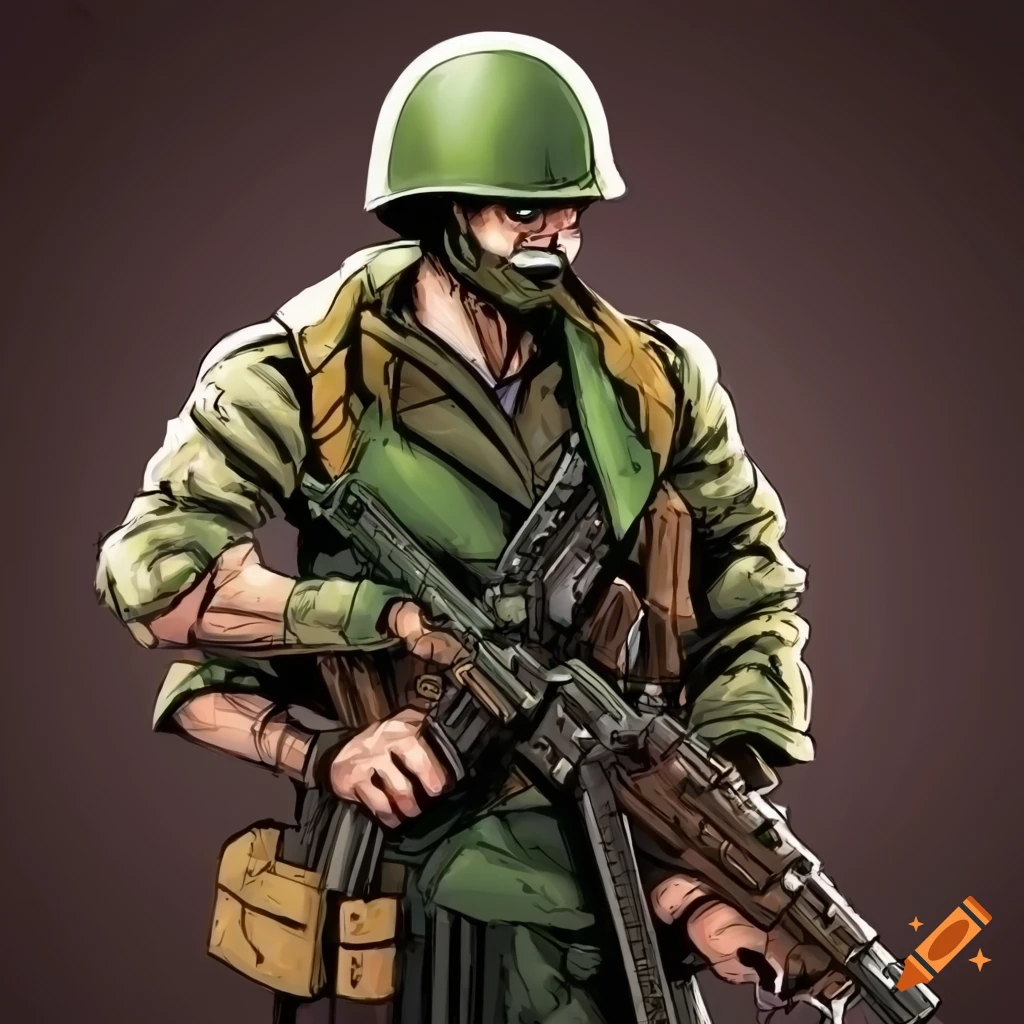 Vintage comic-style soldier with a machine gun on Craiyon