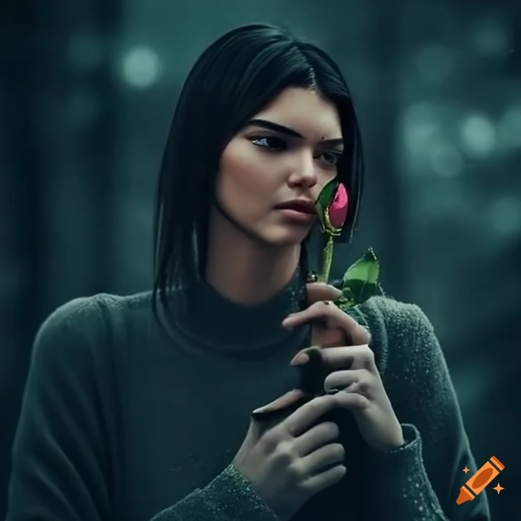 Kendall Jenner in dark slavic town holding a rose on Craiyon