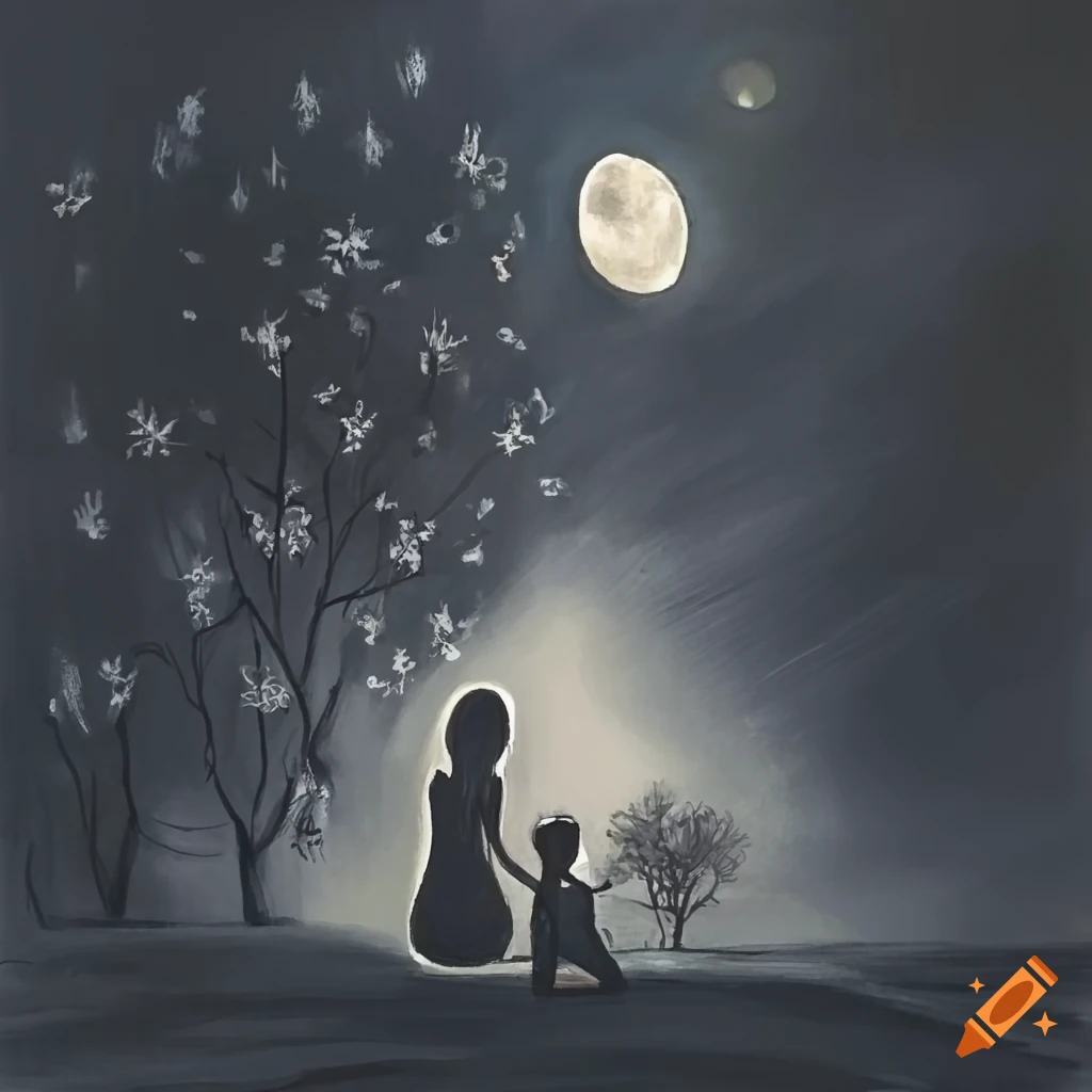 Silhouette of girl and horse under the moon in aquarelle style on Craiyon