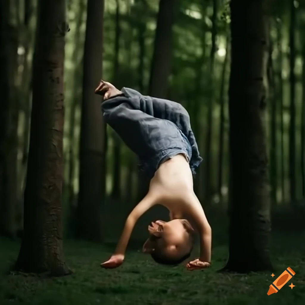 Boy falling in a forest on Craiyon