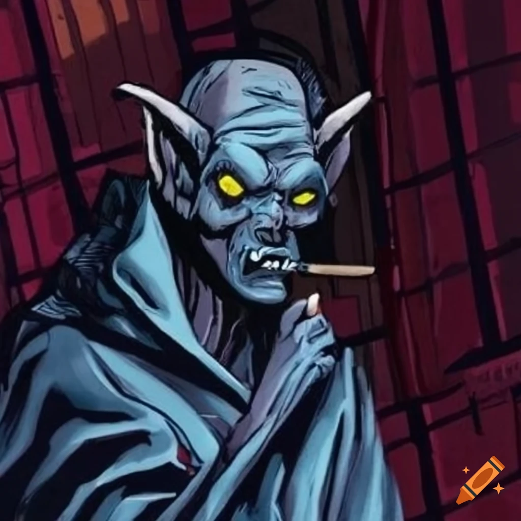 Retro comic art of a smoking devil in an alleyway on Craiyon